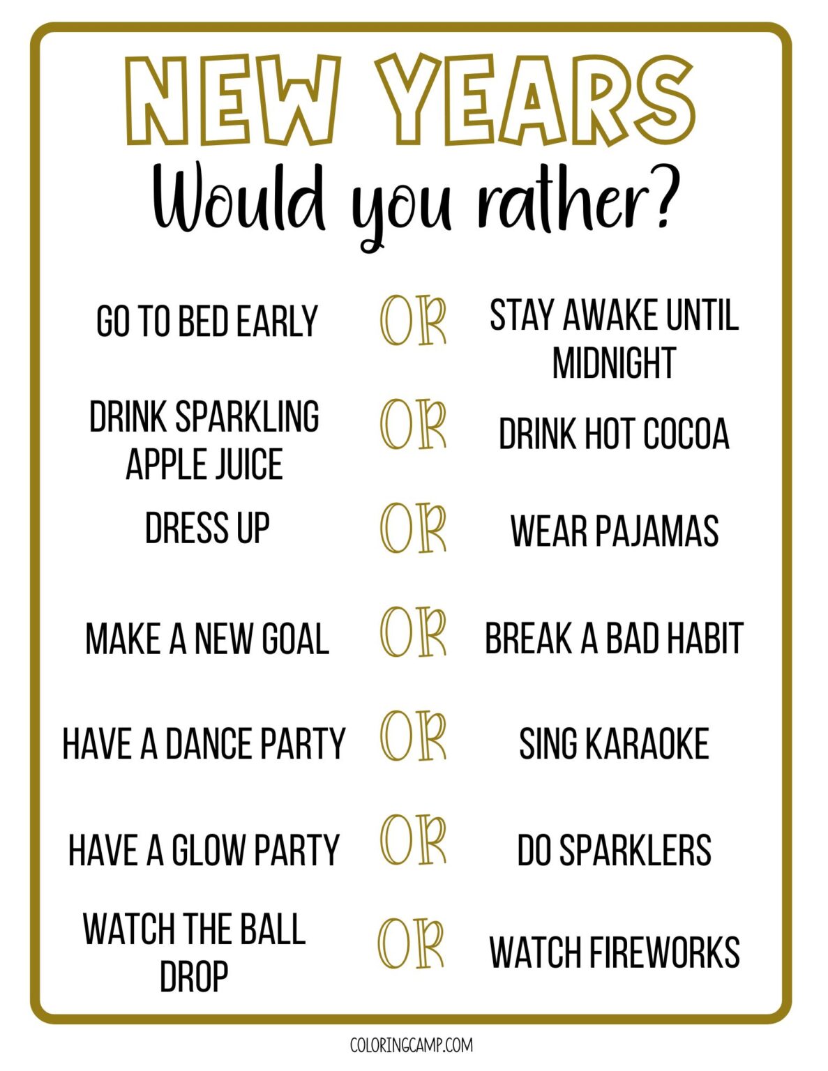 Free Printable New Years Would You Rather Questions | www.coloringcamp.com