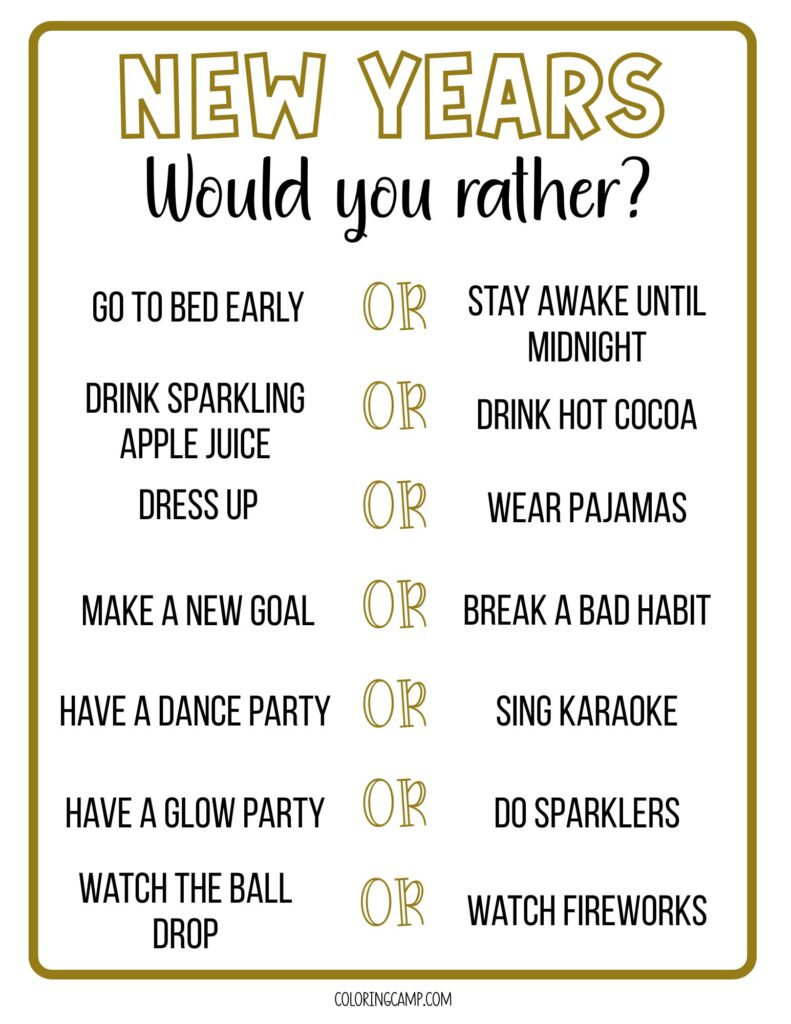 Free Printable New Years Would You Rather Questions | www.coloringcamp.com